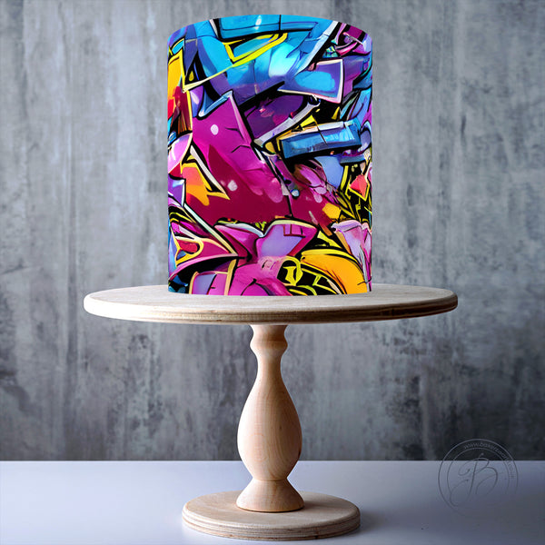 Panoramic colourful graffiti wall art edible cake topper decoration ...