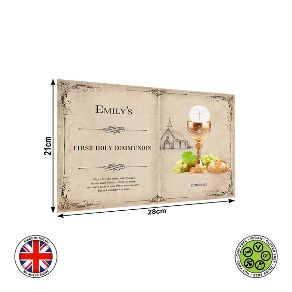 Personalised First Holy Communion Open Book Aged Parchment Style edibl ...
